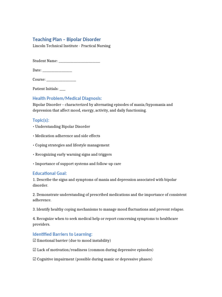 Bipolar Disorder Teaching Plan Guide | PDF | Bipolar Disorder | Mental ...