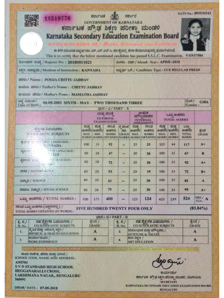 10th Marks Card - Compressed | PDF