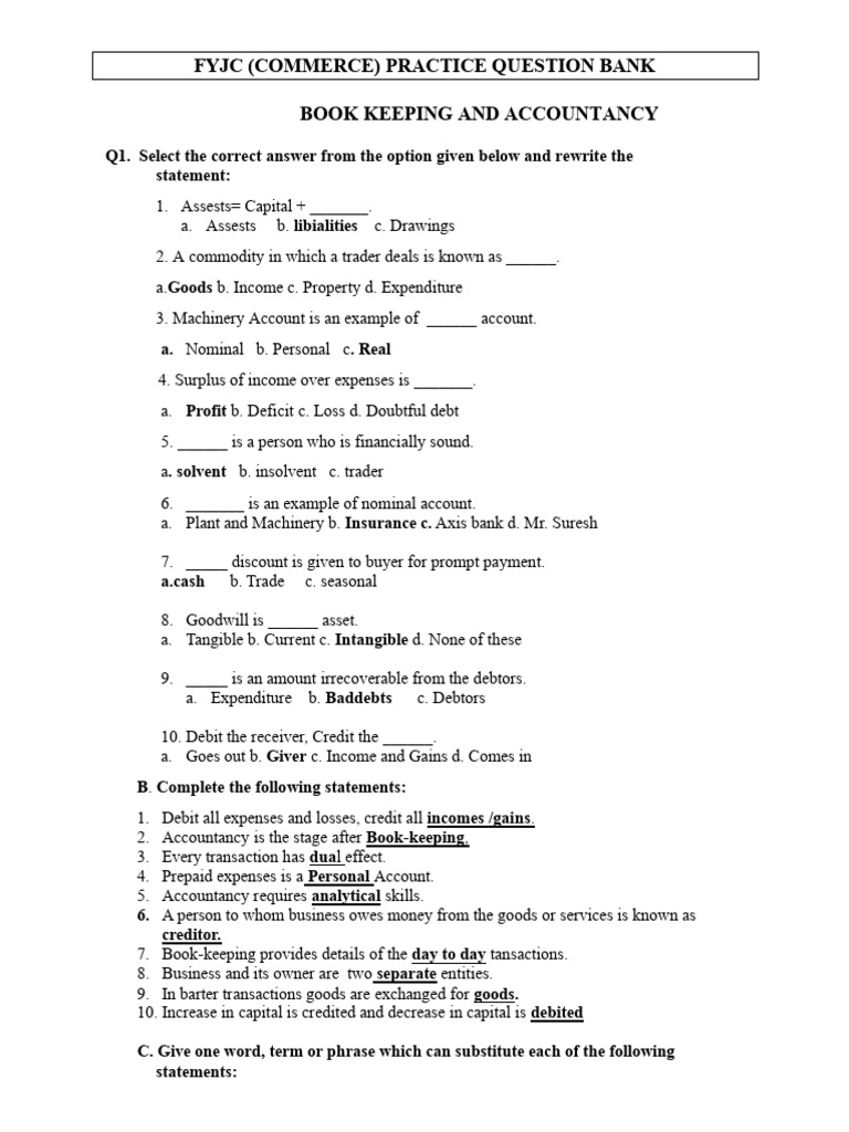 FYJC-BK Practice Question Bank-1 | PDF | Debits And Credits | Expense