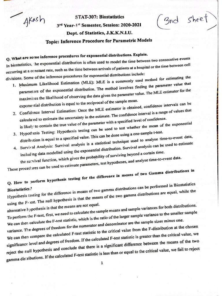 3rd Sheet Inference Procedure For Parametric Model, Log Location | PDF