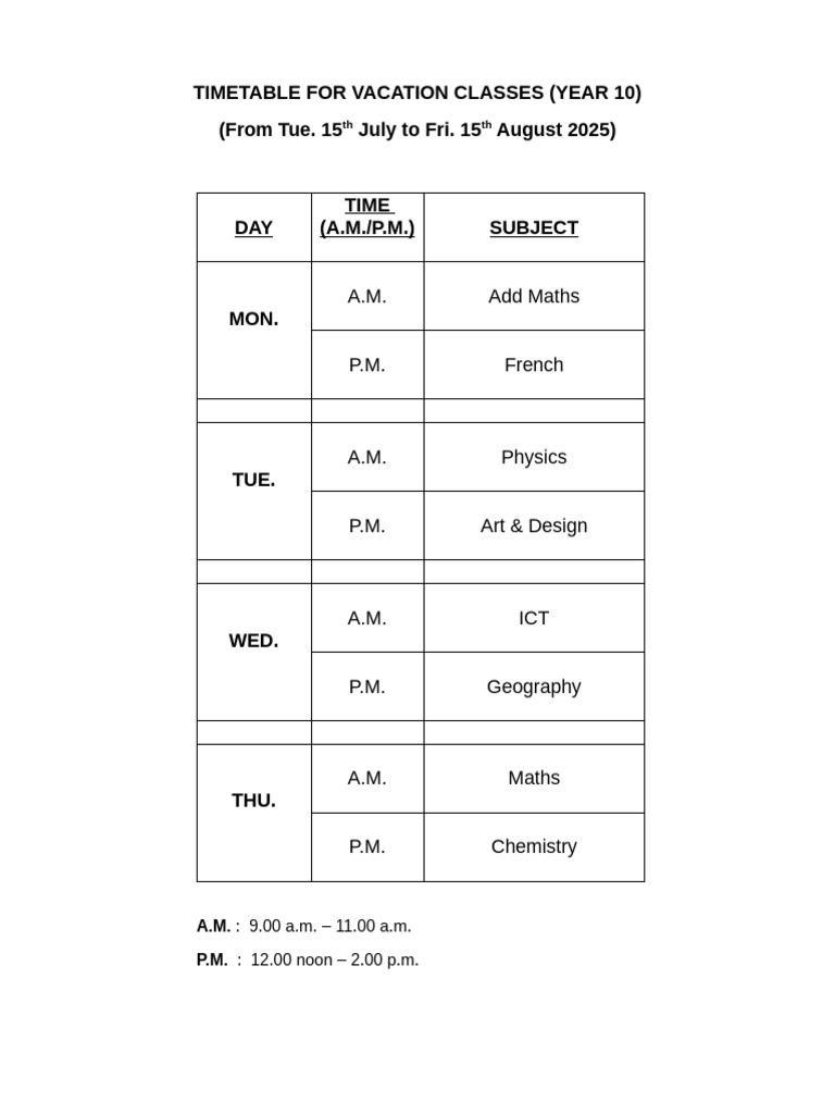 Year 10 Vacation Class Timetable | PDF