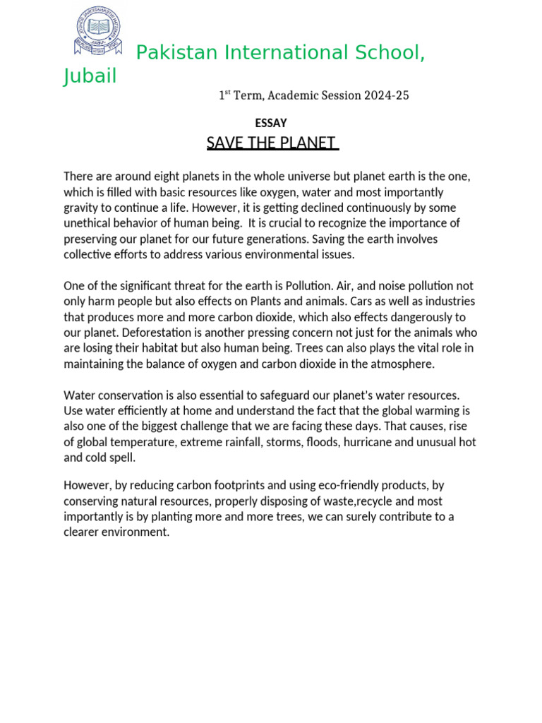 Essay (Save The Planet) | PDF