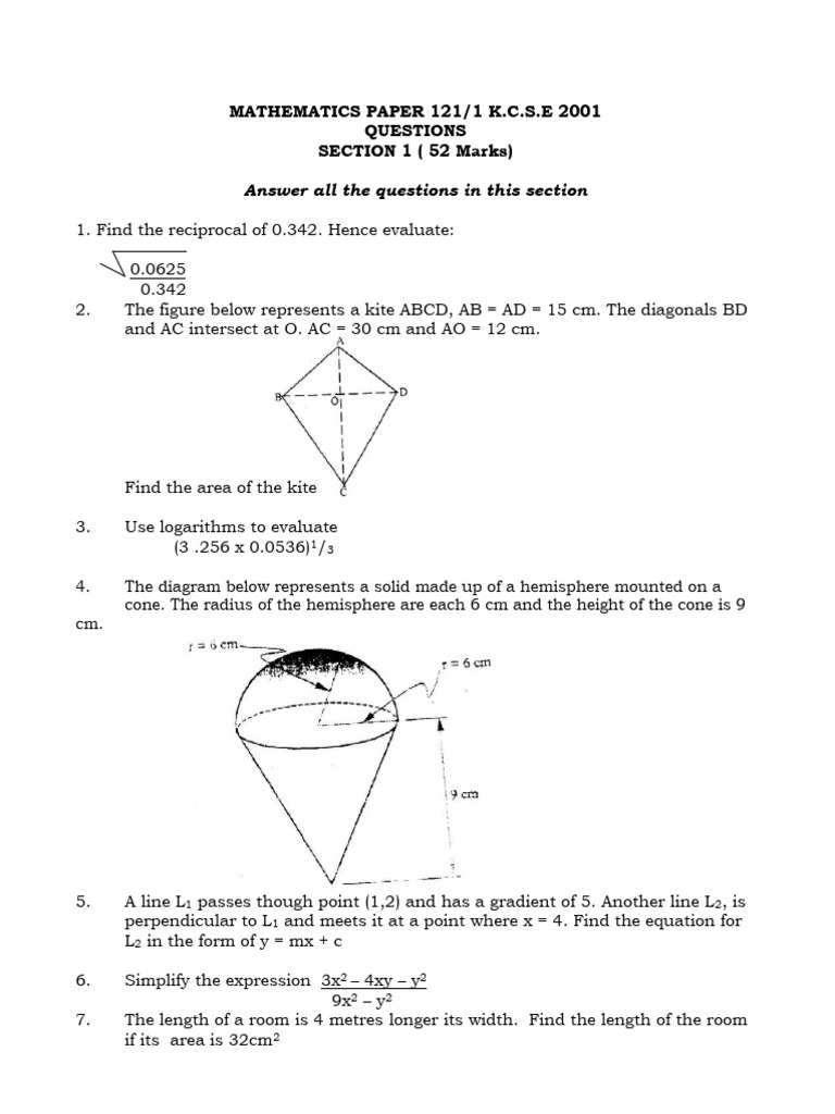 KCSE 2001 Mathematics Paper 121/1 Questions | PDF | Area | Geometry