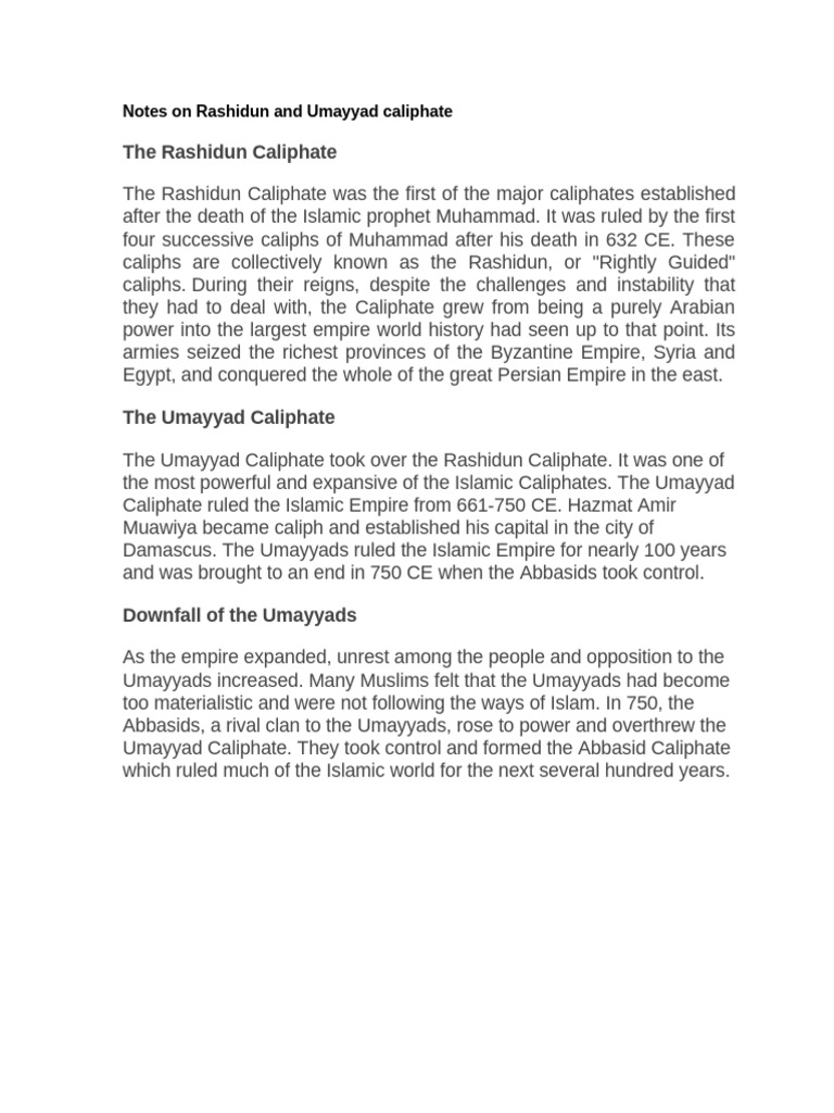 Notes+on+Rashidun+and+Umayyad+Caliphate | PDF