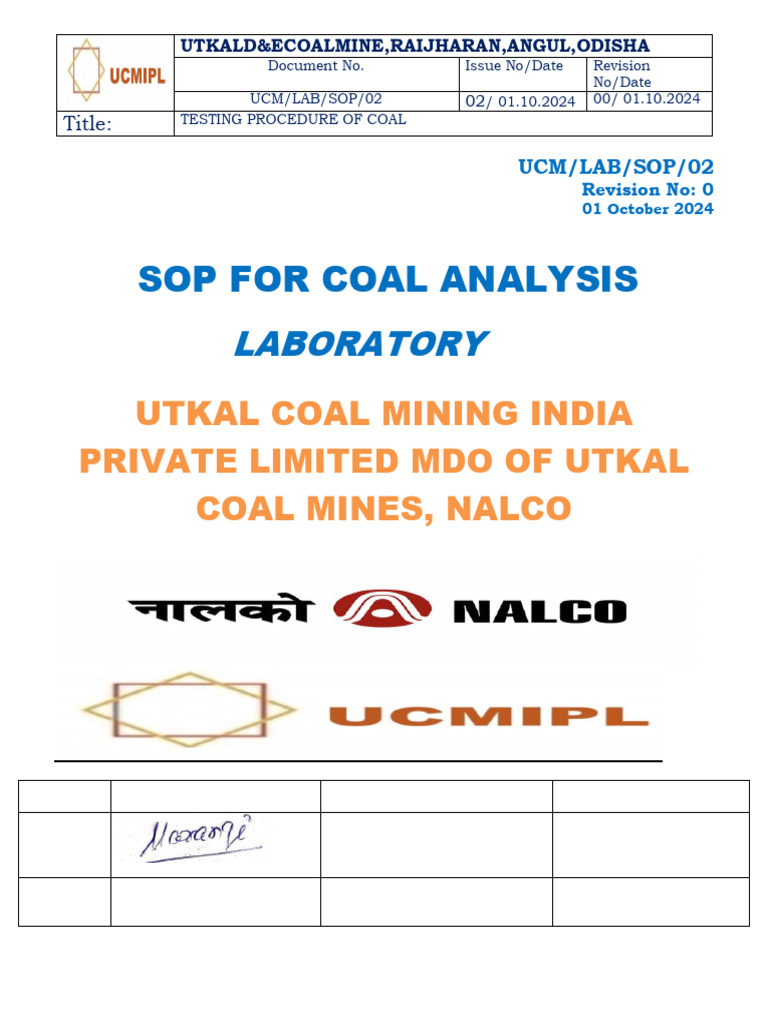 Utkal D&e Coal Mine Sop of Coal Analysis | PDF | Coal