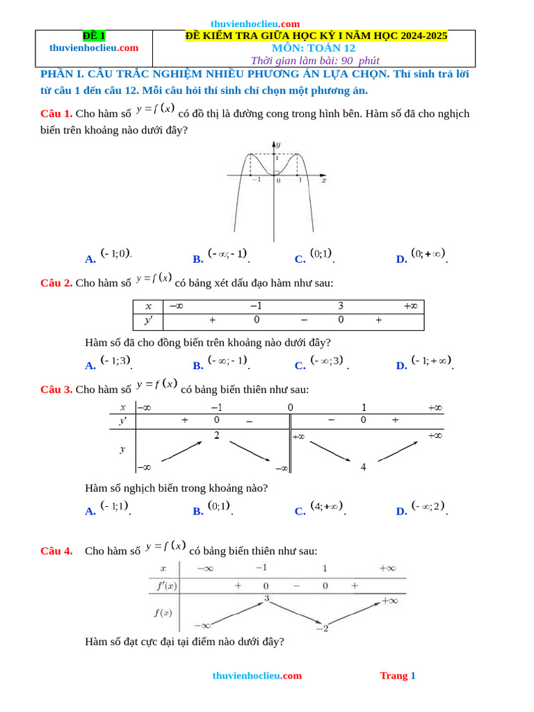 Thuvienhoclieu.com de Kiem Tra Giua HK1 Toan 12 CTST de 1 Hay | PDF