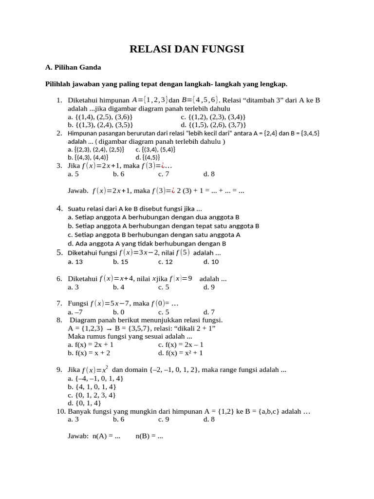 10 Soal Relasi Dan Fungsi PG | PDF