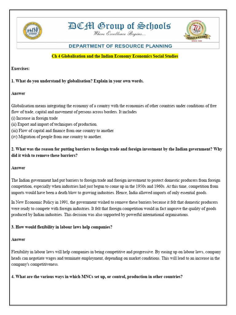 Ch 4 Globalisation and the Indian Economy Economics Social Studies | PDF | Globalization ...
