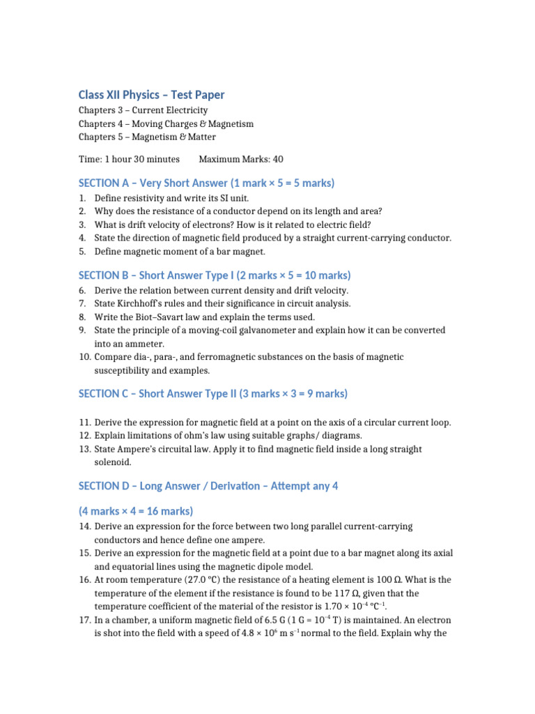 Test Series Test 2 Physics | PDF | Magnetic Field | Magnetism