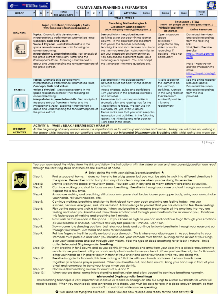 Lesson Plan Gr9 Creative Arts Drama T2 W1 | PDF