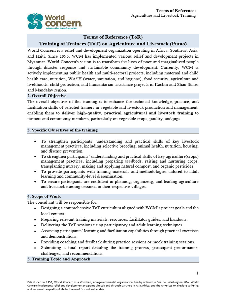 TOR for Agriculture and Livestock Training | PDF | Agriculture | Livestock