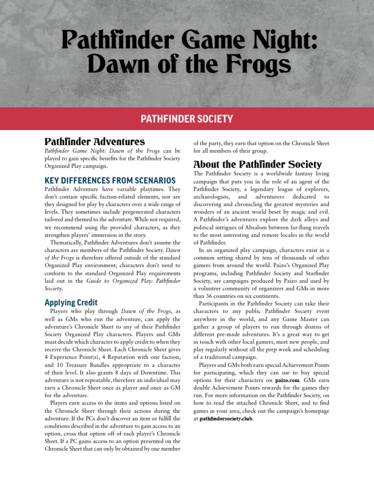 Pathfinder Adventure: Dawn of the Frogs | PDF | D20 System | Fantasy ...