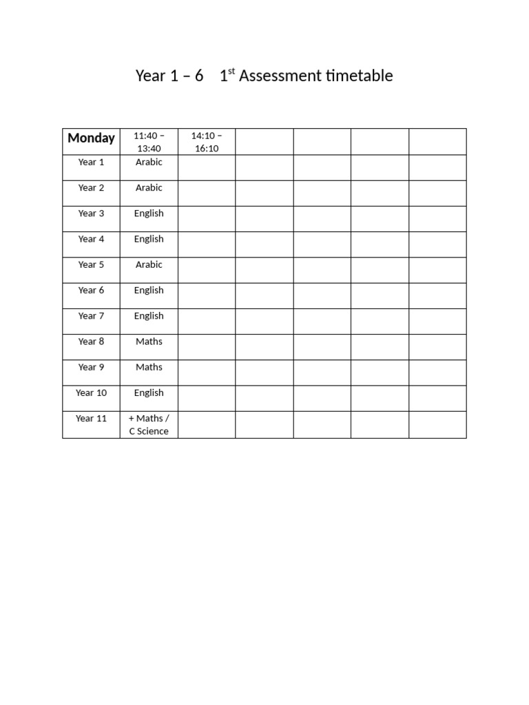 Year 1-6 Assessment Timetable | PDF