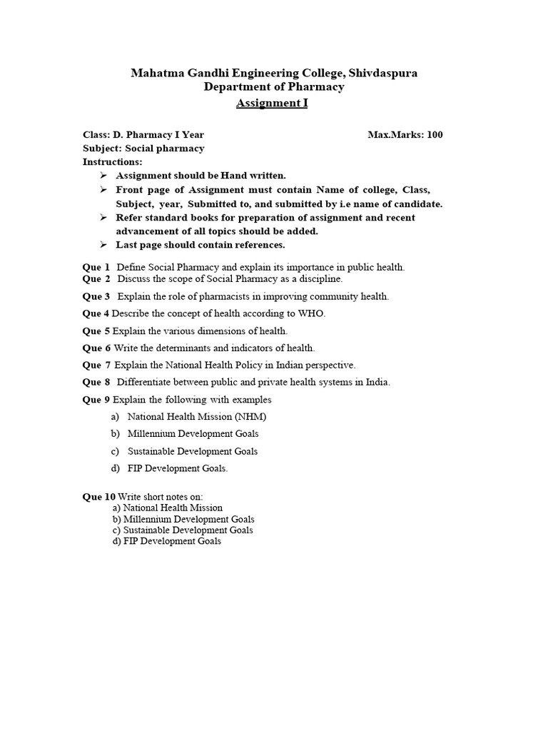 Social Pharmacy Assignment for D. Pharmacy | PDF