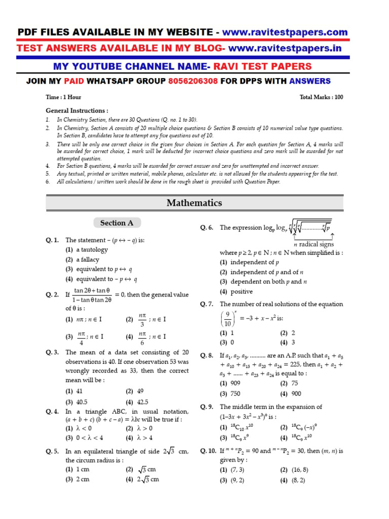 Jee (Main) Sample Practice Paper - 1 Mat | PDF | Integral | Ellipse