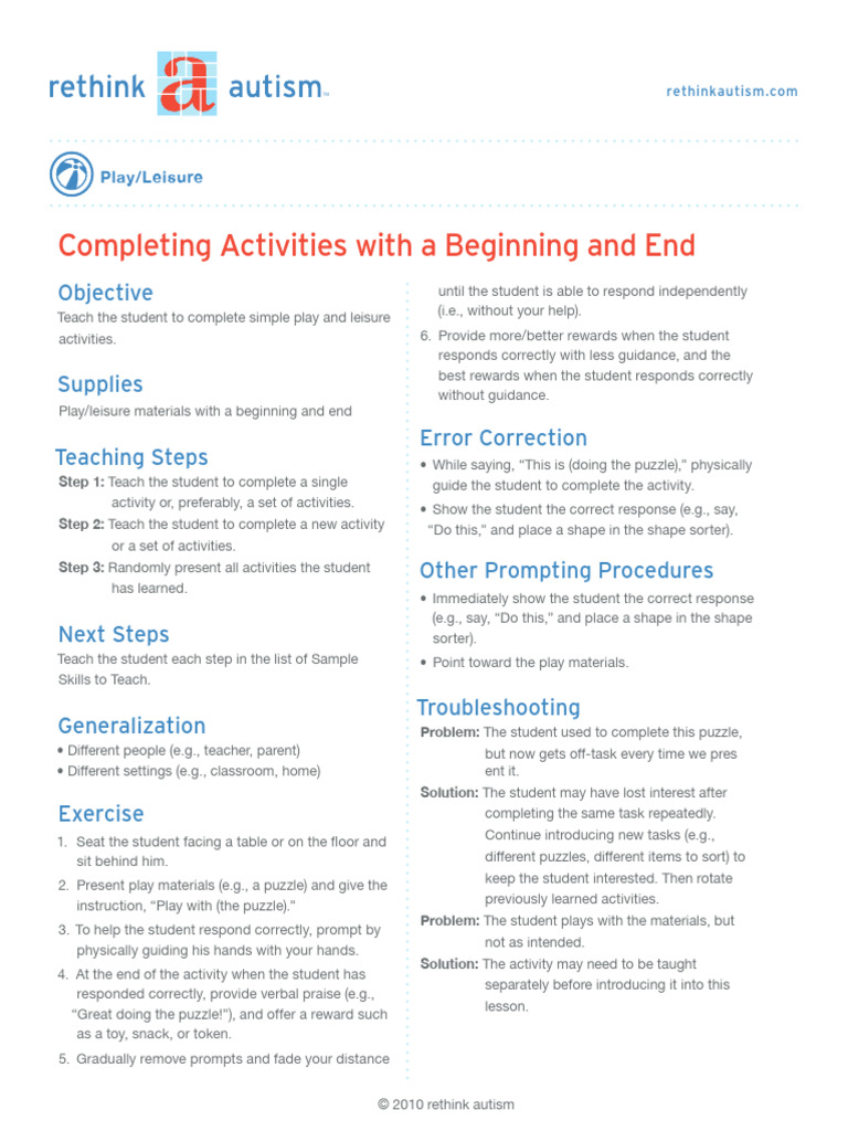 Teaching Completion of Play Activities | PDF | Behavior Modification ...