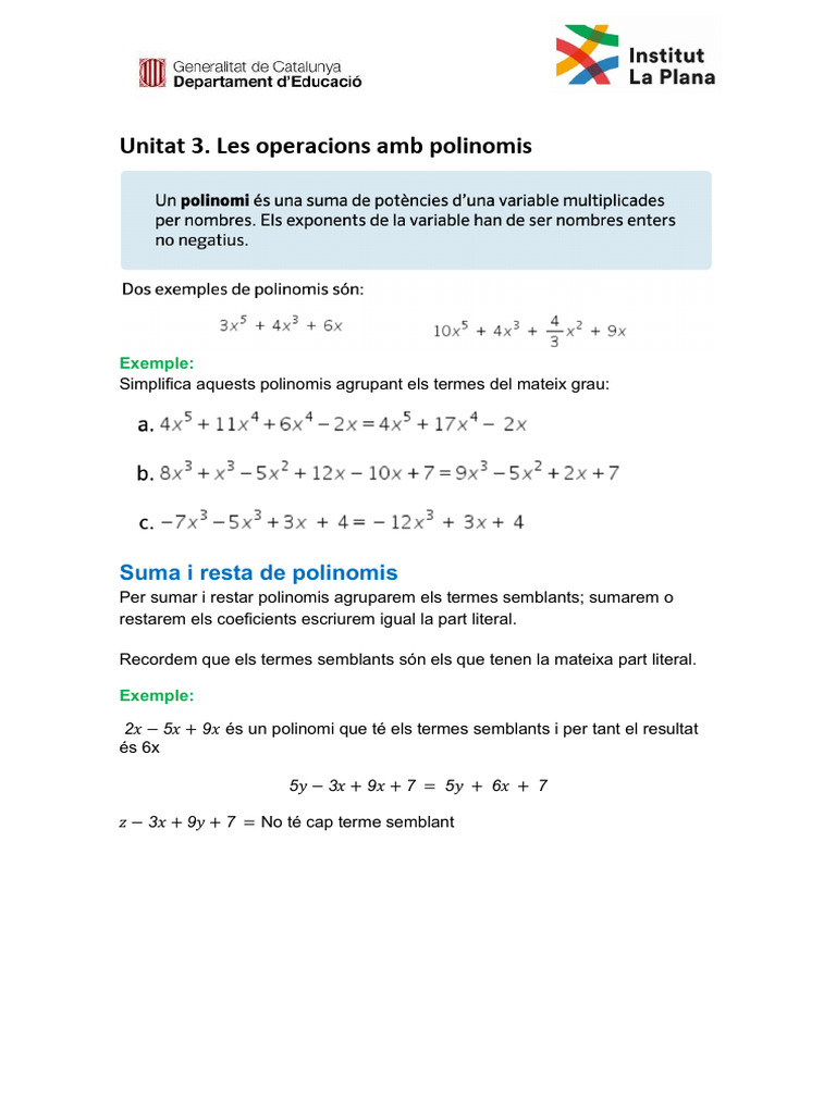 Unitat 3. Les Operacions Amb Polinomis - Resums I Exercicis | PDF