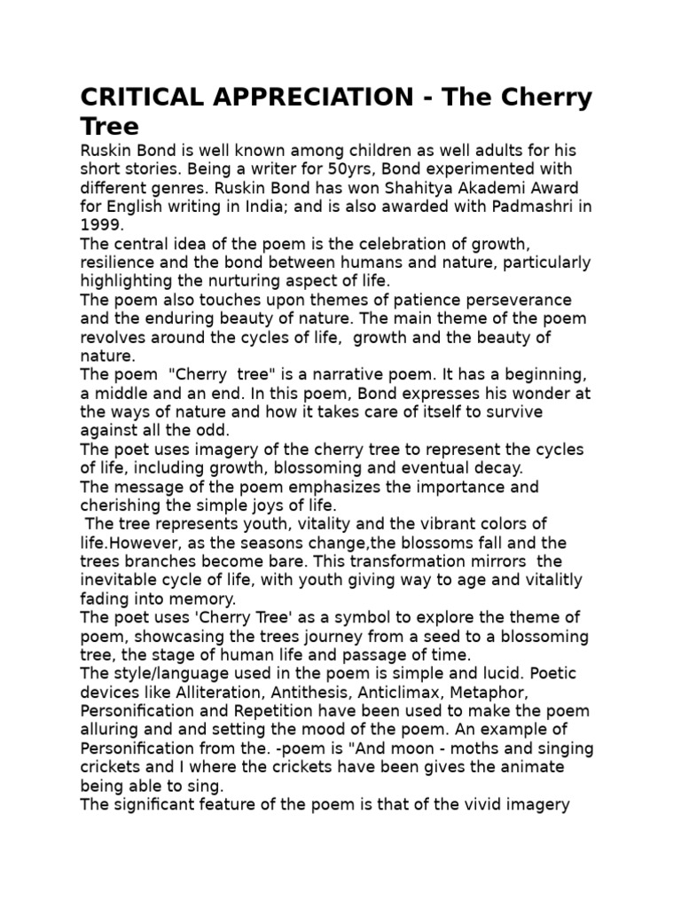 Critical Appreciation of "Cherry Tree" | PDF