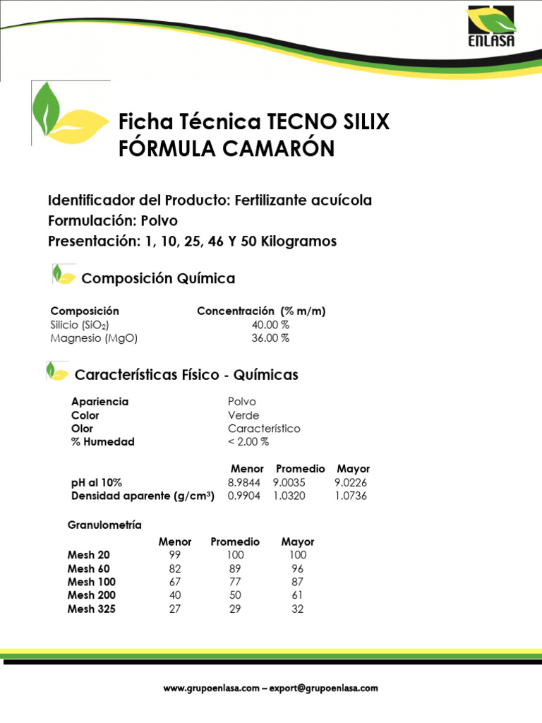 Ficha Técnica TECNO SILIX FÓRMULA CAMARÓN | PDF | Materiales | Química