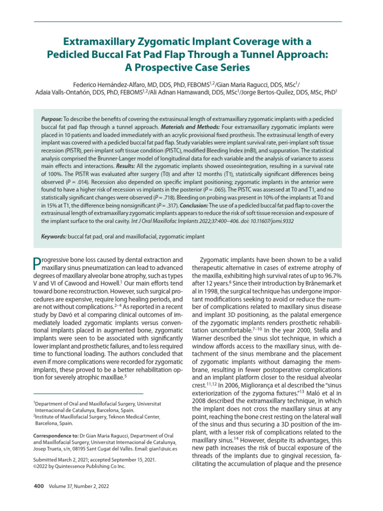 Extramaxillary Zygomatic Implant Coverage With A Pedicled Buccal Fat ...