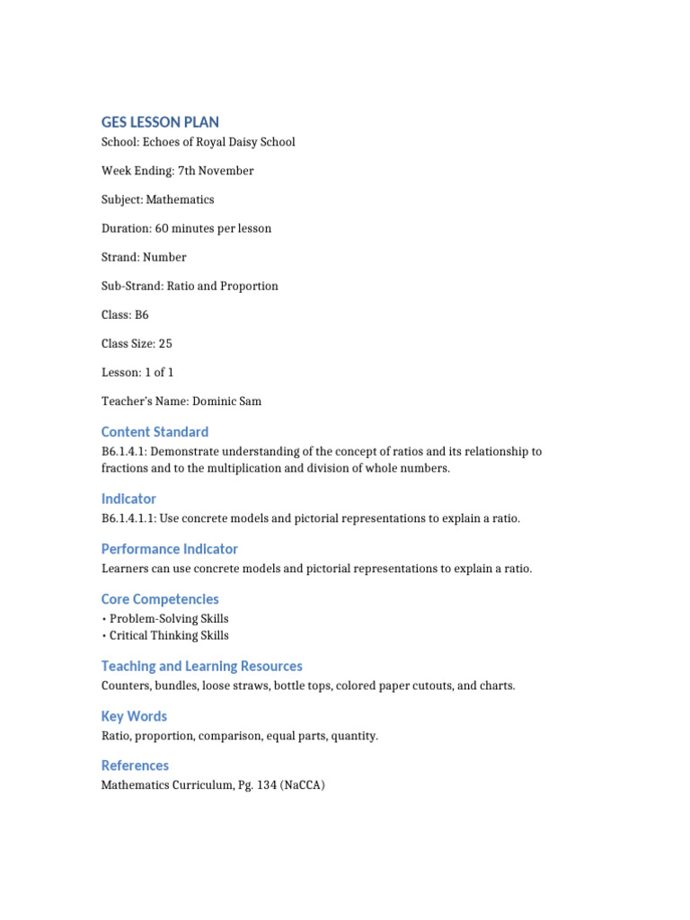 B6 Mathematics Lesson Plan: Ratios | PDF | Ratio | Lesson Plan