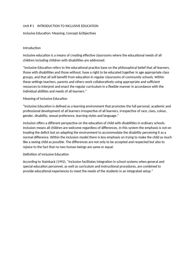 Unit 1 Introduction To Inclusive Education | PDF