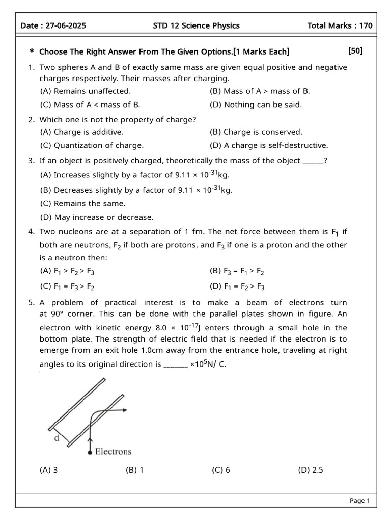 Physics Multiple Choice Questions for Class 12 | PDF | Electron ...