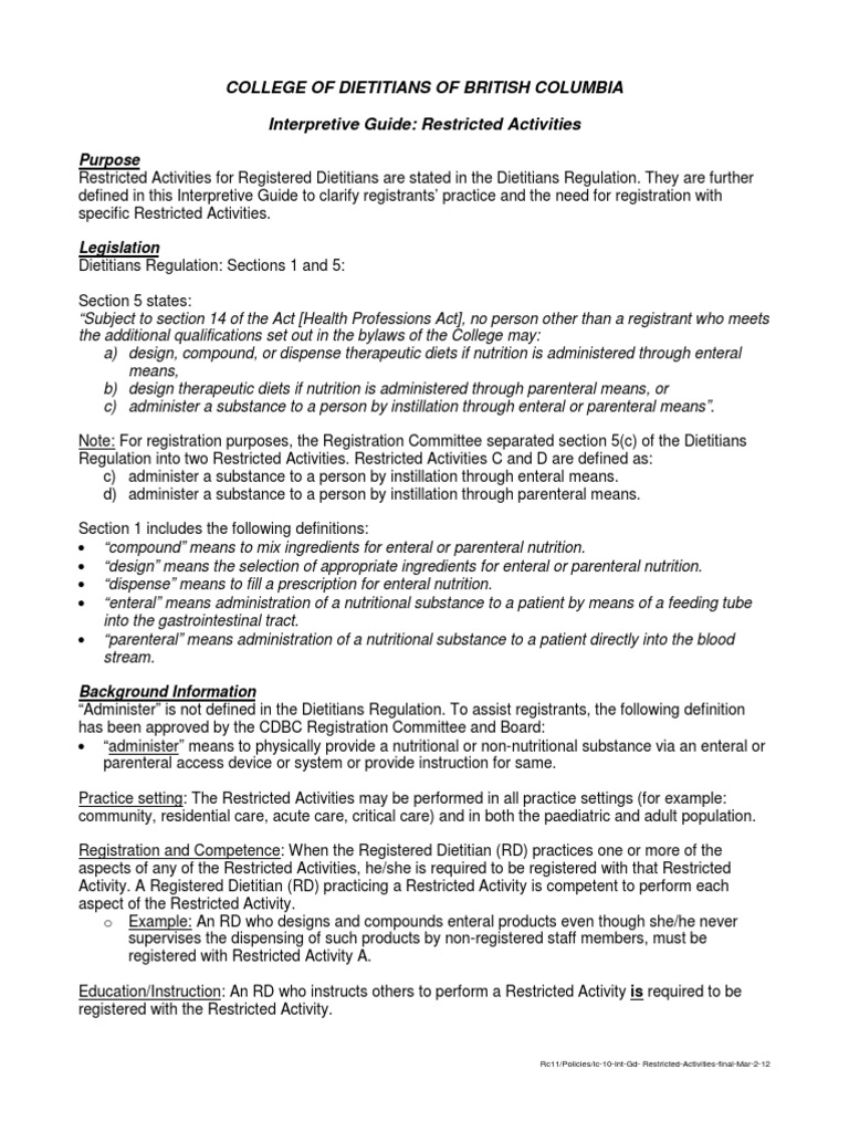 Restricted Activities Interpretative Guide | PDF | Dietitian | Nutrition