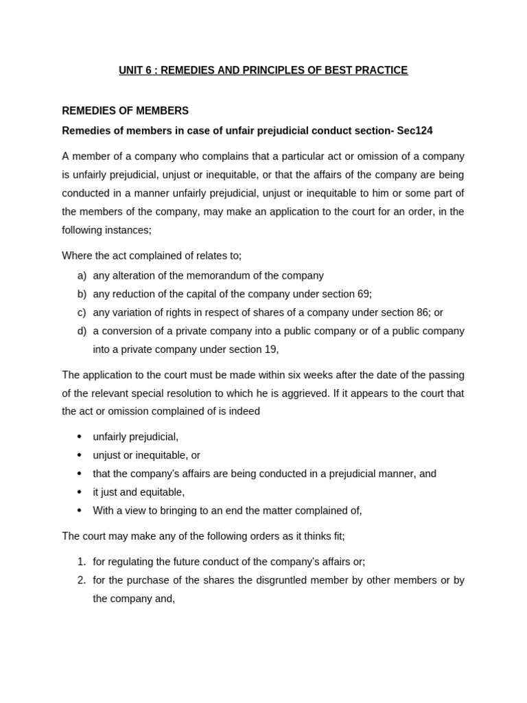 Remedies for Unfair Conduct in Companies | PDF | Witness | Common Law