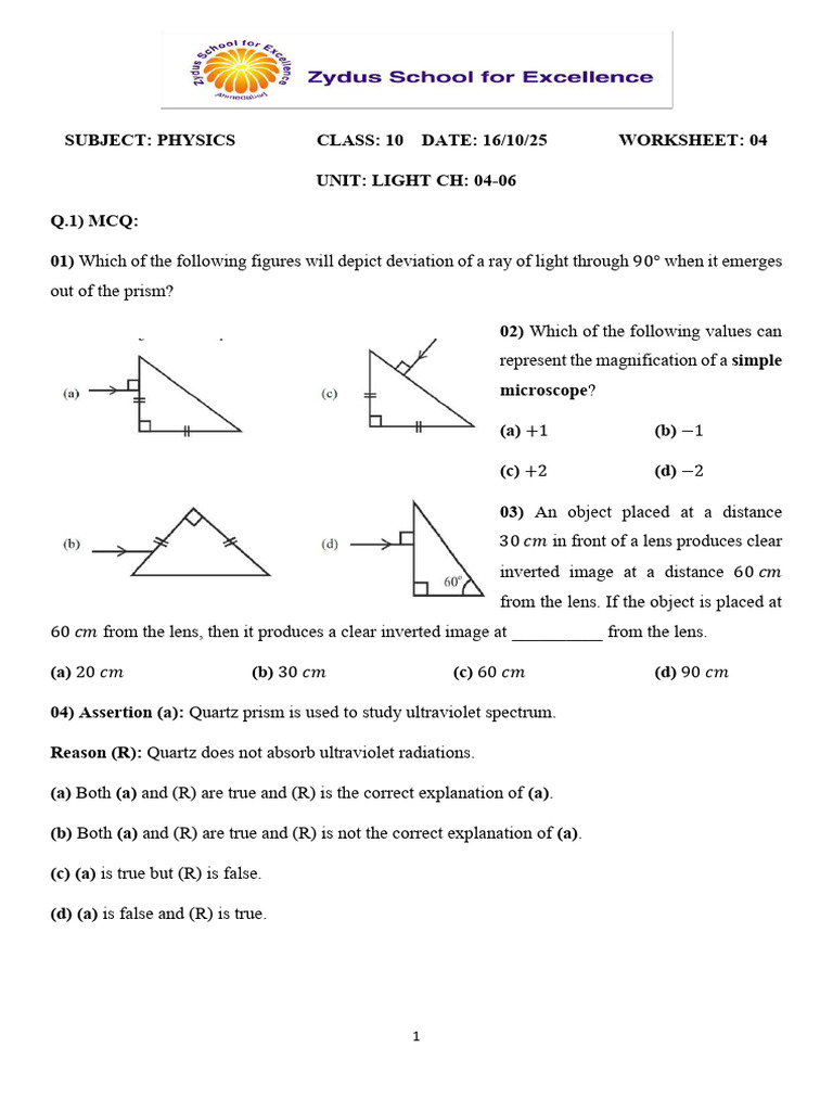 Class 10 Physics Worksheet on Light | PDF | Light | Refraction