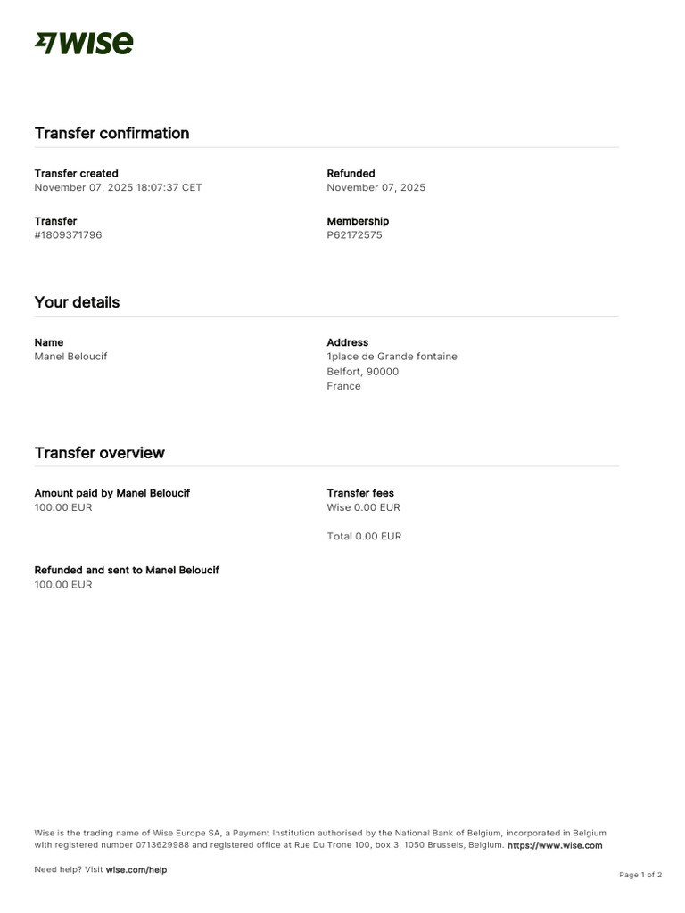 Wise Transfer Confirmation Transfer 1809371796 6731868354 en | PDF ...