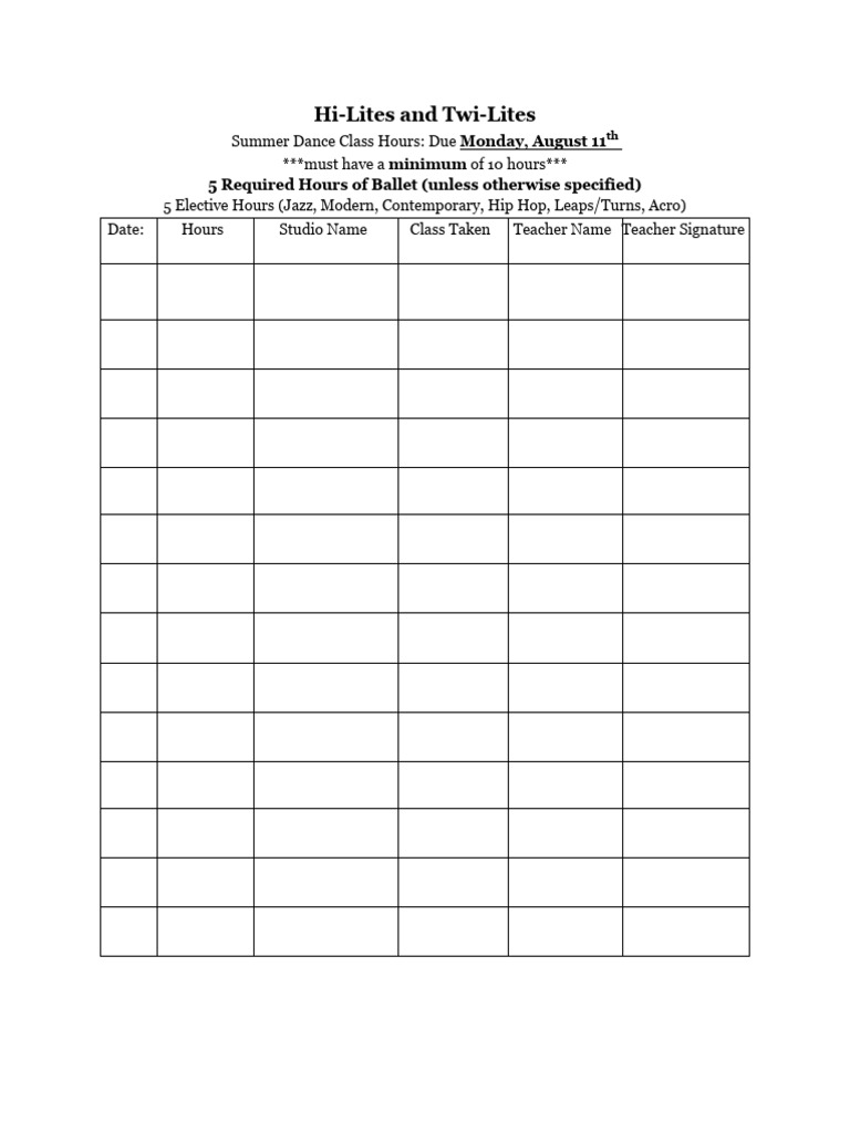 Summer Dance Hours Sheet | PDF