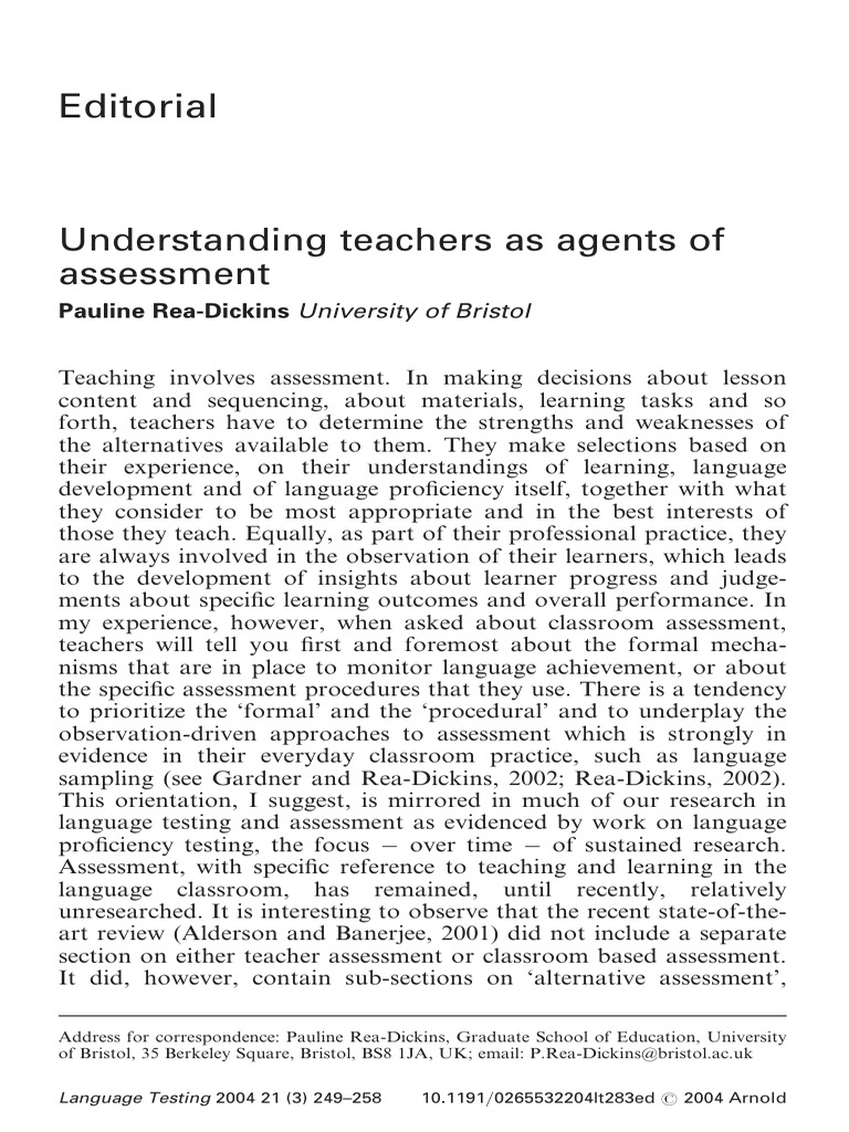 Teacher As Agent in Assessment | PDF | English As A Second Or Foreign ...