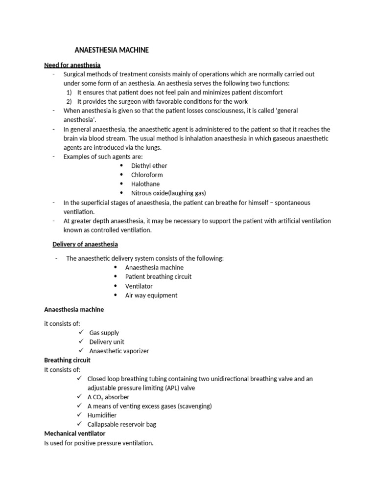 Anaesthesia Machine Notes | PDF | Anesthesia | Nitrous Oxide