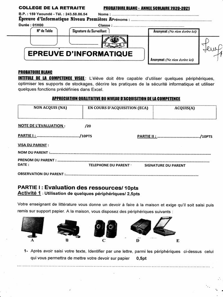 Informatique Collège de La Retraite Niveau Première 20202021 | PDF