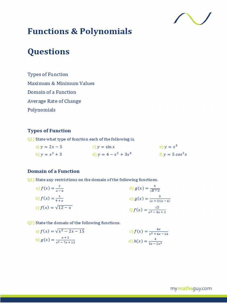 Precalculus Functions Polynomials Questions | PDF | Function (Mathematics) | Factorization