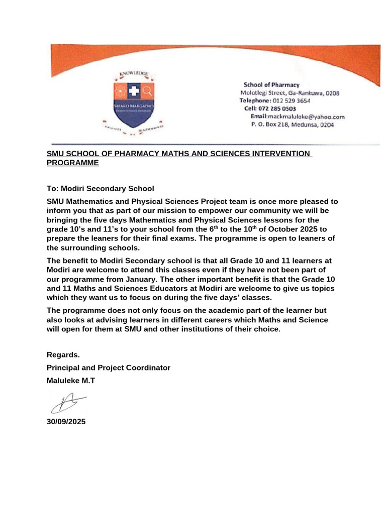 Modiri 2025 Maths and Science Intervention Program | PDF