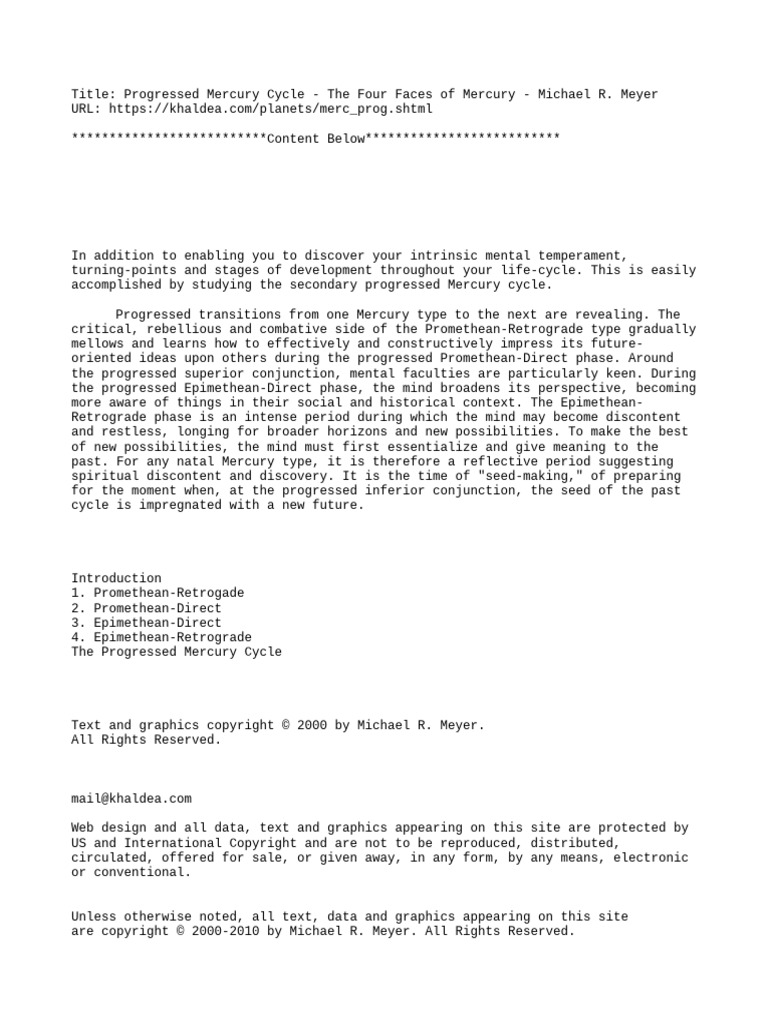 Progressed Mercury Cycle - The Four Faces of Mercury - Michael R. Meyer ...