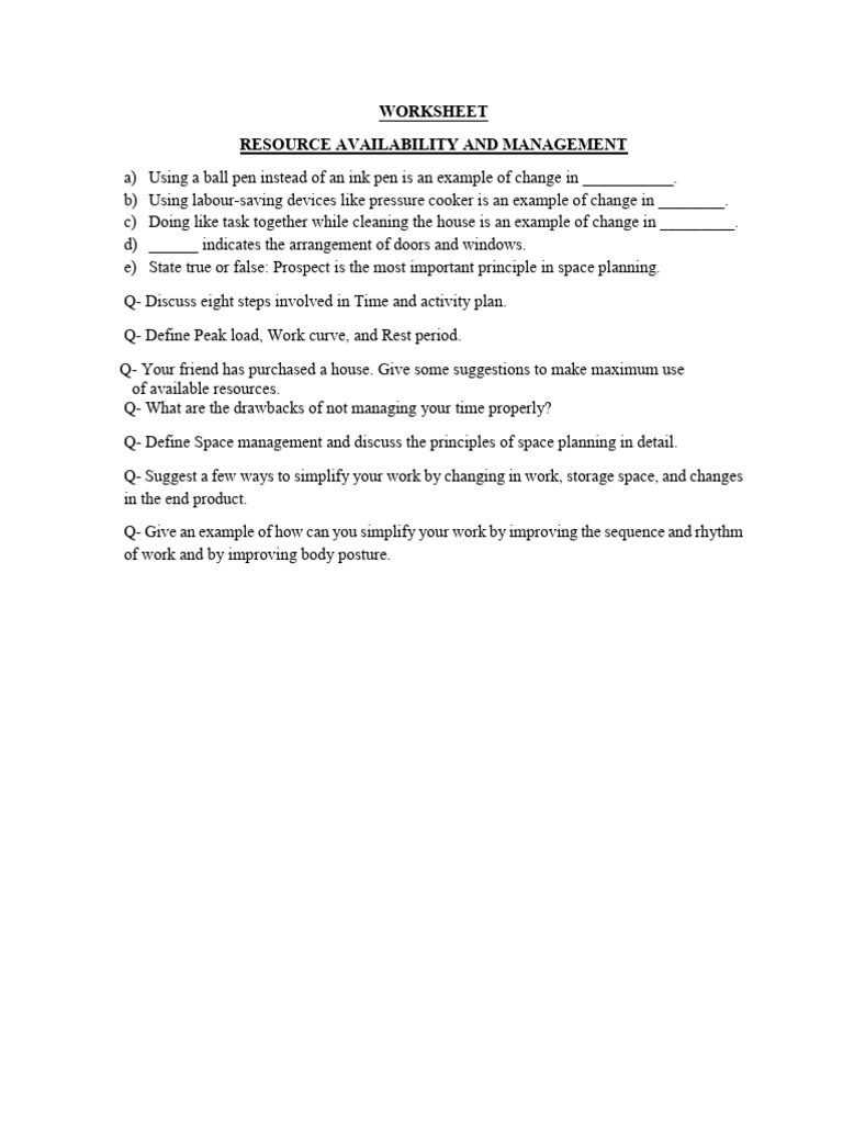 Worksheet Resource Availability and Management | PDF
