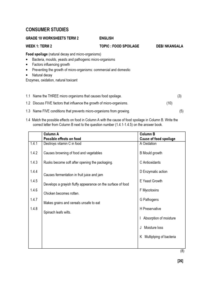 Consumer Studies Week 1 3 Worksheets | PDF | Foods | Food Storage