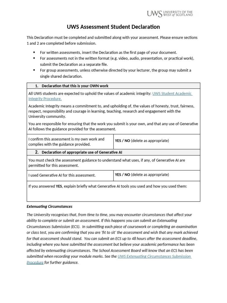 UWS Assessment Declaration Form | PDF