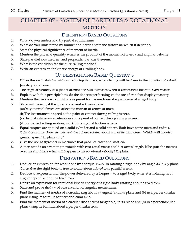 Practice Questions on Rotational Motion | PDF | Rotation Around A Fixed ...
