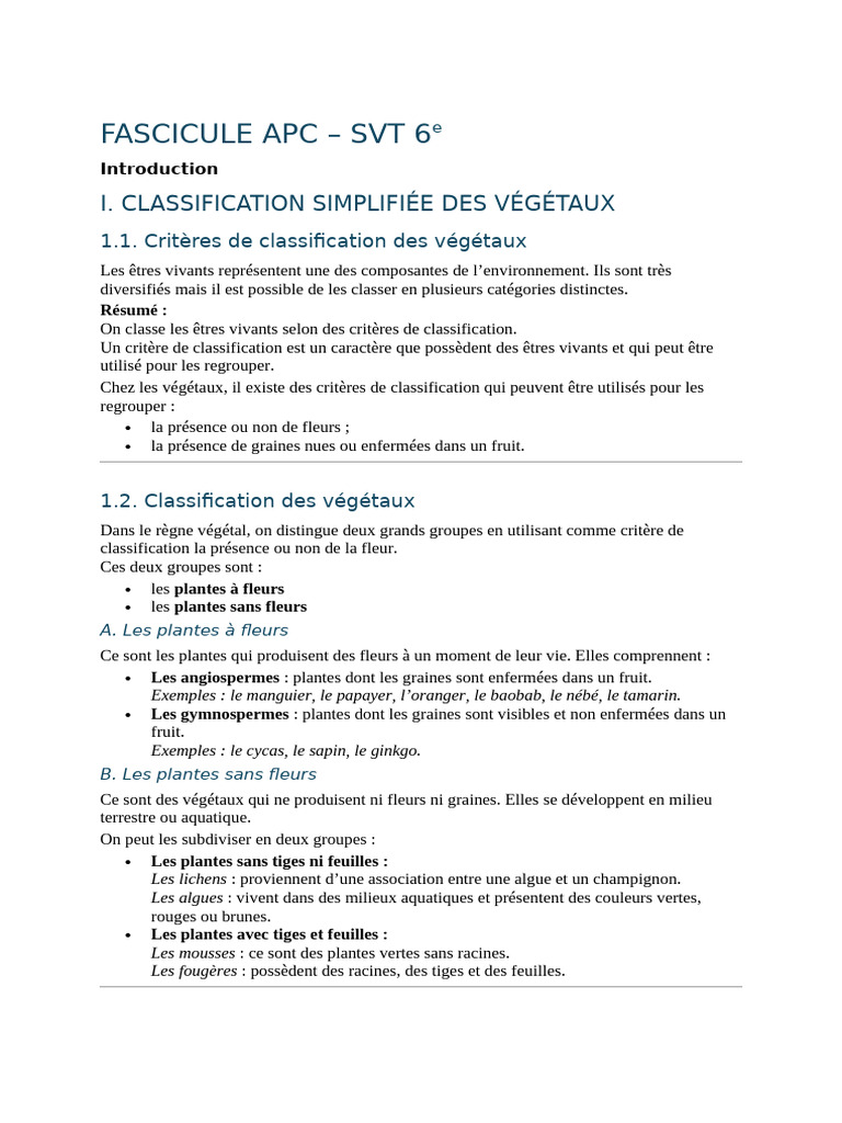 Classification des Végétaux en 6e | PDF | Plantes | Fleurs