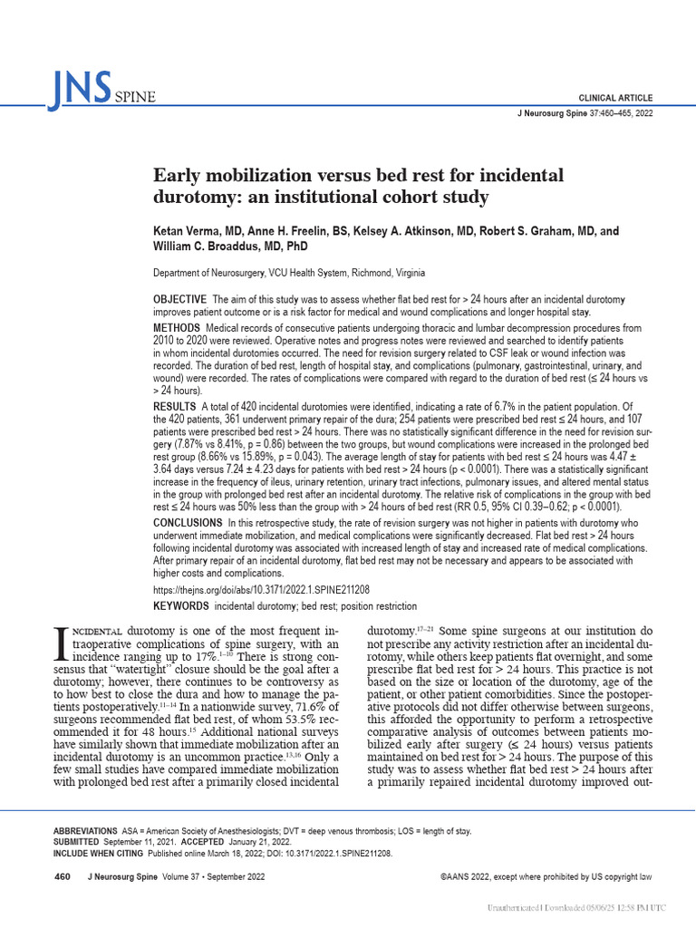 Early Mobilization vs. Bed Rest Post-Durotomy | PDF | Cerebrospinal ...