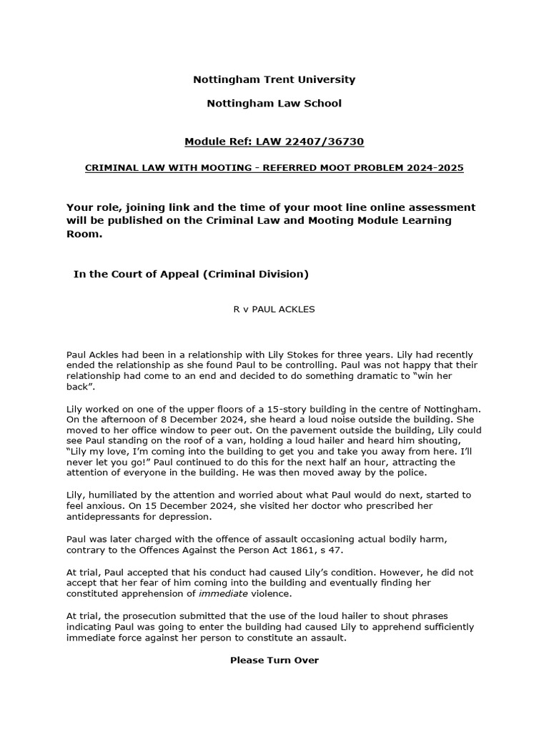 LAW_22407 & 36730 Referred Criminal Law and Mooting Moot 202425 | PDF | Assault | Trials