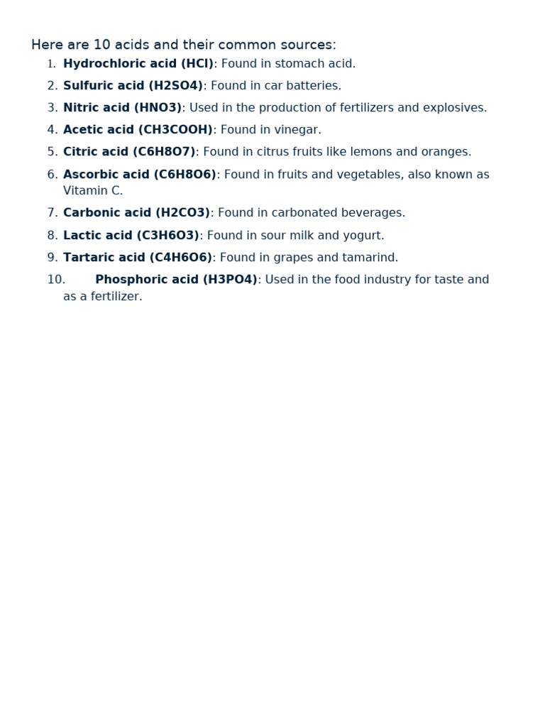 Common Acids and Their Sources | PDF