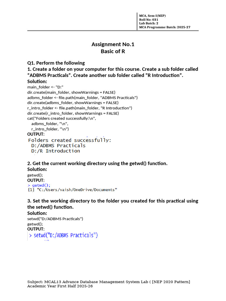 MCA Sem 1 Advanced Data Base Management System Lab Journal Template Batch 2025 27 | PDF ...