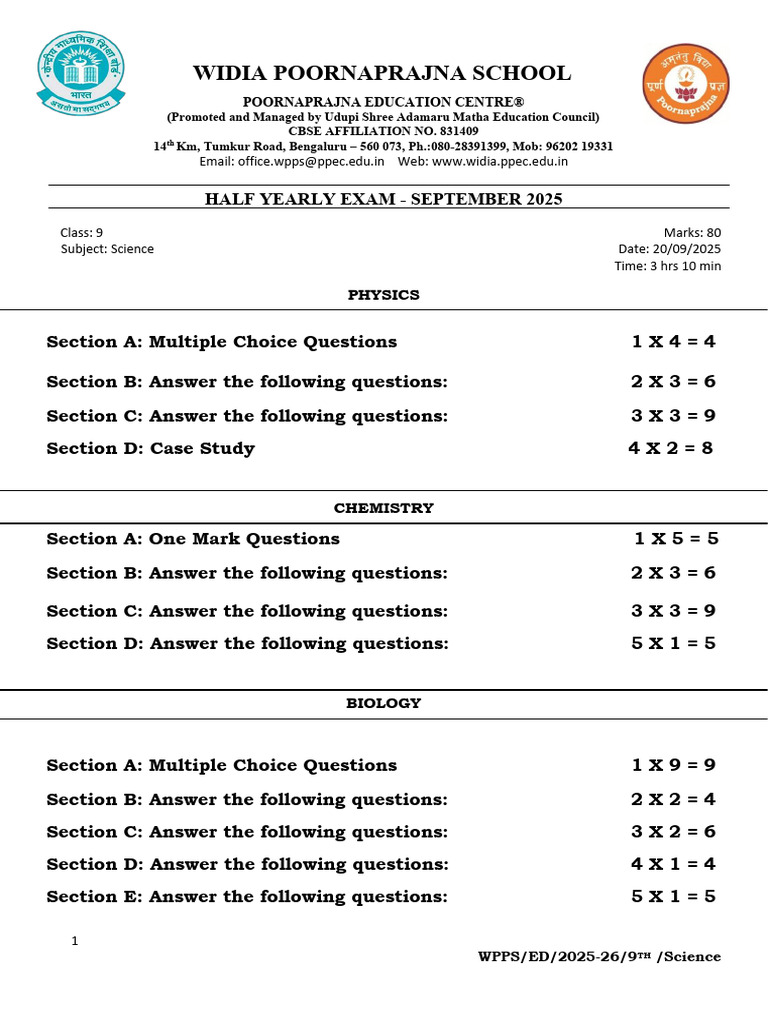 Class 9 Science Half Yearly Exam 2025 | PDF