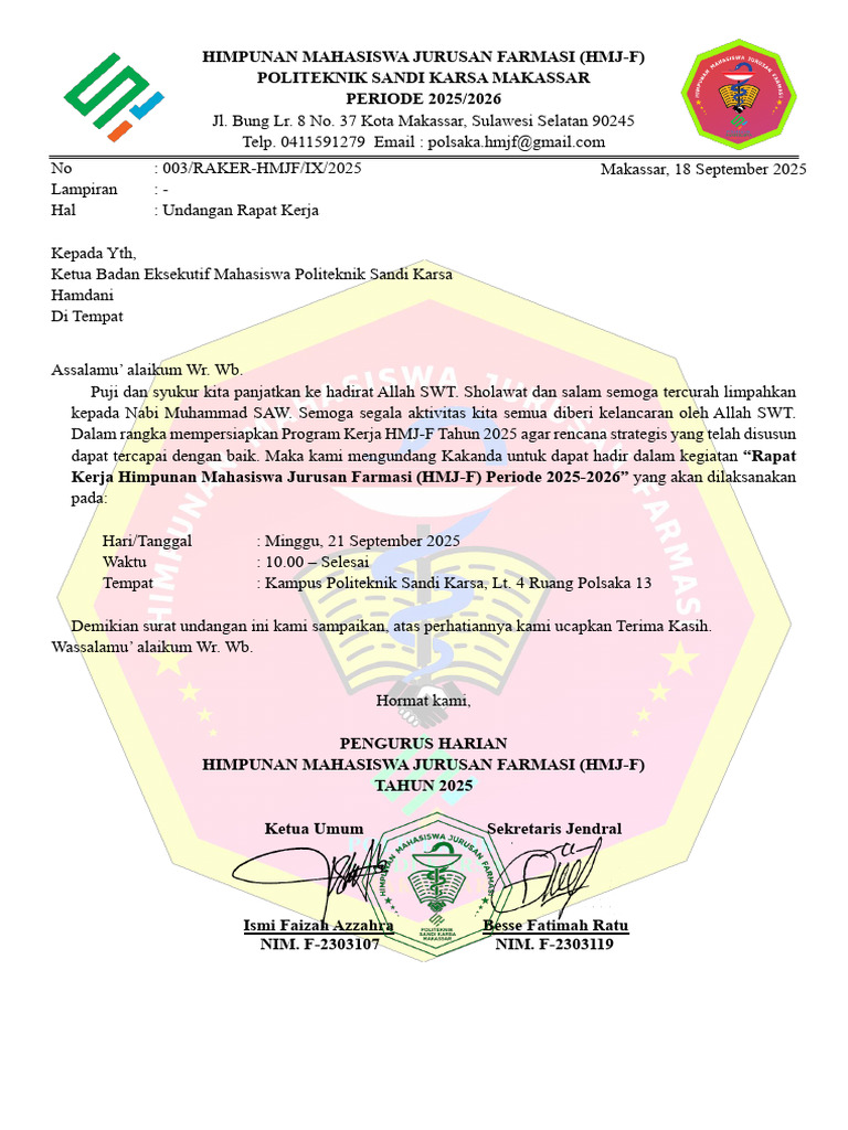 Surat Undangan Raker 2025 (Ketua BEM) | PDF