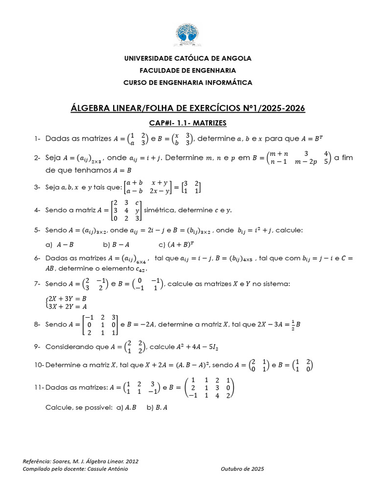 Exercícios de Álgebra Linear 2025-2026 | PDF | Matriz (Matemática ...